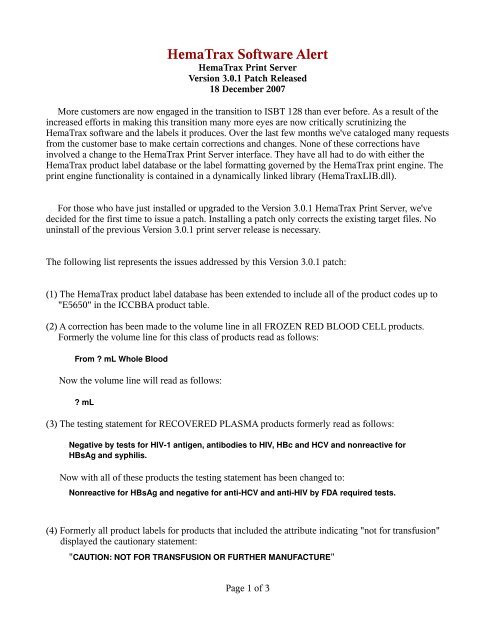 HemaTrax Software Alert - Digi-Trax Corporation