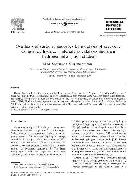 Synthesis of carbon nanotubes by pyrolysis of acetylene using alloy ...