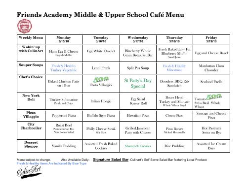 Friends Academy Middle & Upper School CafÃ© Menu