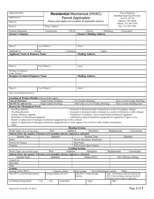 Residential Mechanical (HVAC) Permit Application - City of Superior
