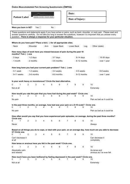 Pain Screening Questionnaire (OMPSQ)