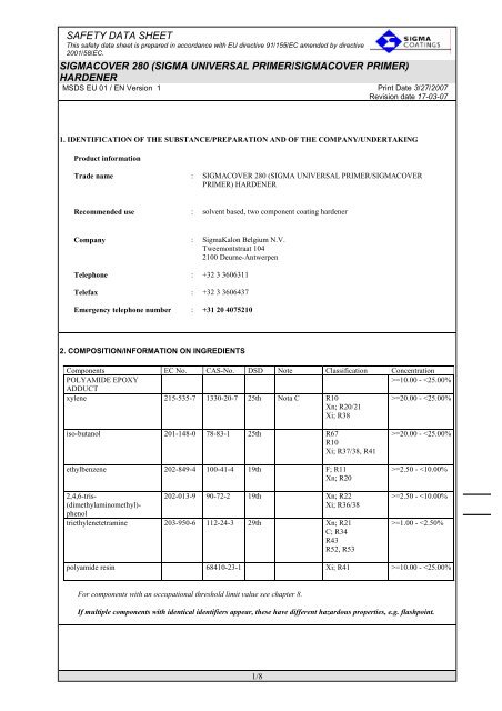 sigmacover 280 hardener - SIGMA PAINTS