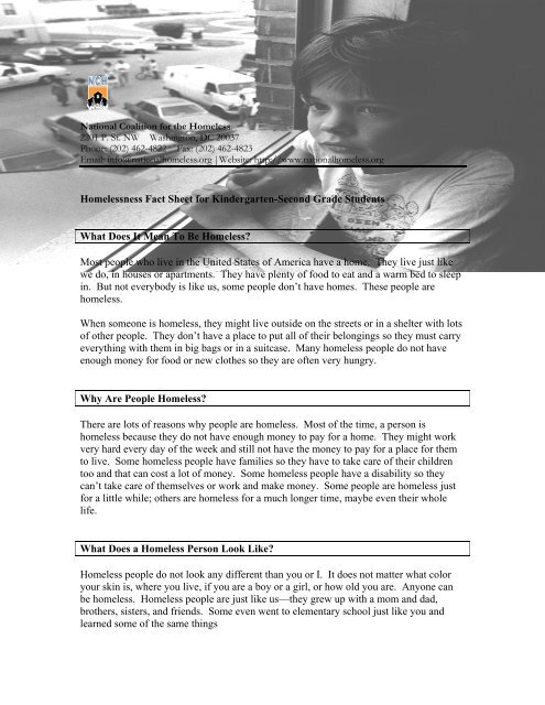 Homelessness Fact Sheet and Lesson Plan for Kindergarten ...
