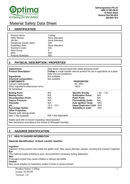 CalSap MSDS - Optima Agriculture