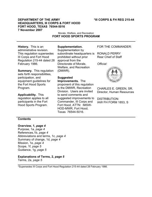 DEPARTMENT OF THE ARMY *III CORPS & FH REG ... - Fort Hood