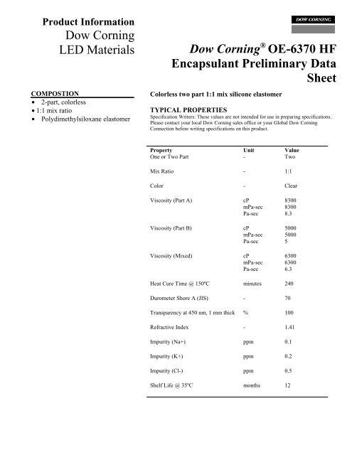 Dow Corning LED Materials Dow Corning OE-6370 HF Encapsulant ...