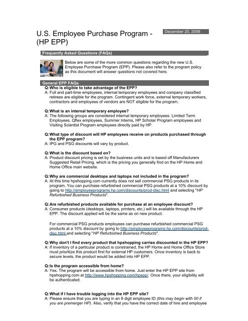 U.S. Employee Purchase Program - (HP EPP)