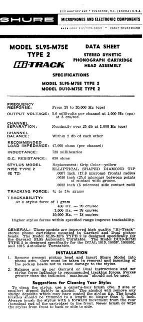 Shure SL95 M75E Type 2 User Guide