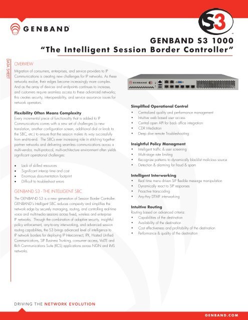 GENBAND S3 1000 â The Intelligent Session Border Controllerâ