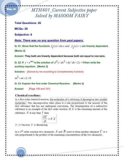 MTH401 - Differential Equations Solved Midterm Subjective ... - vuZs MTH401 - Differential Equations Solved Midterm Subjective ... - vuZs