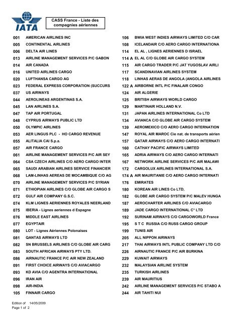 Compagnies aériennes membres CASS Fr - IATA