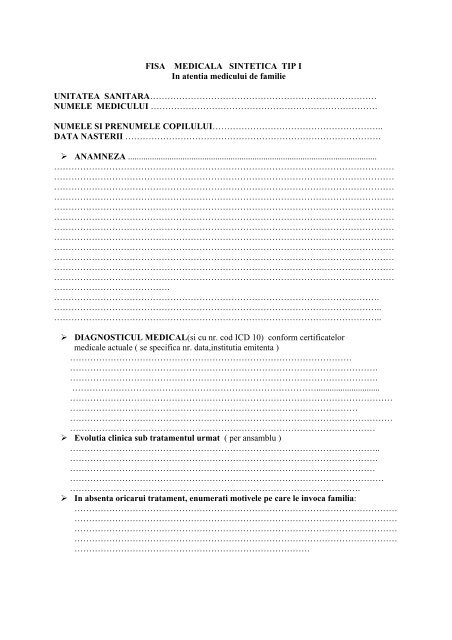 FISA MEDICALA SINTETICA TIP I In atentia medicului de familie ...