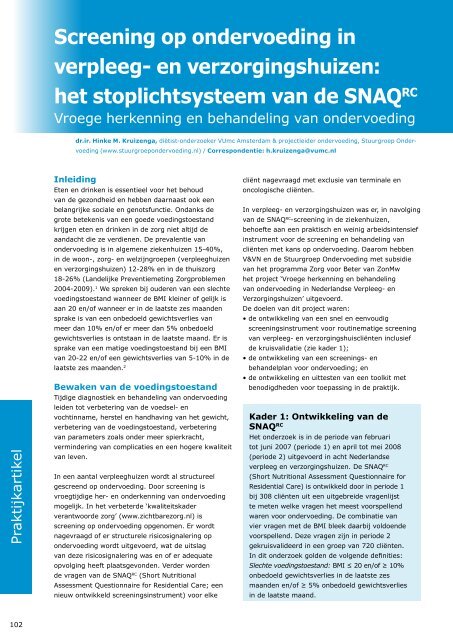 Artikel over SNAQ RC in Tijdschrift voor Ouderengeneeskunde (2010)