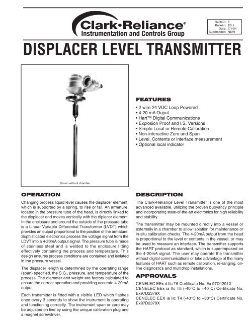 DISPLACE DISPLACER LEVEL TRANSMITTER EL ... - Clark Reliance