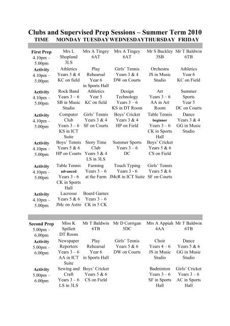Activity List for Summer Term 2010 - Kent College