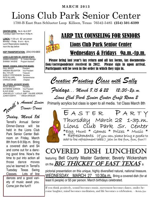 30-2p.m. Lions Club Park Senior Center Craft Room 2