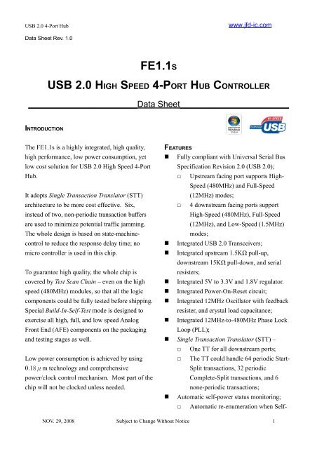 FE1.1S USB 2.0 HIGH SPEED 4-PORT HUB CONTROLLER