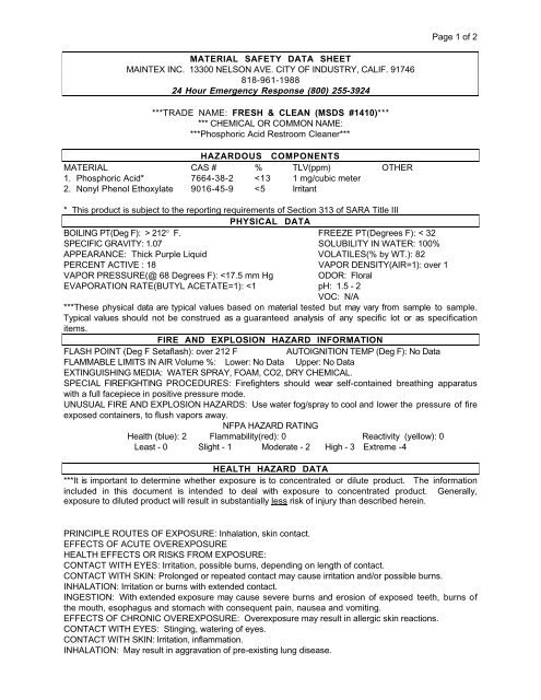 Page 1 of 2 MATERIAL SAFETY DATA SHEET MAINTEX INC ...
