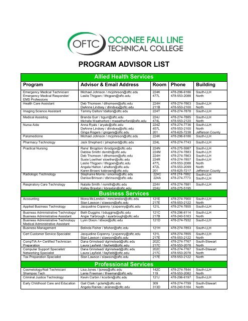 PROGRAM ADVISOR LIST - OFTC.edu