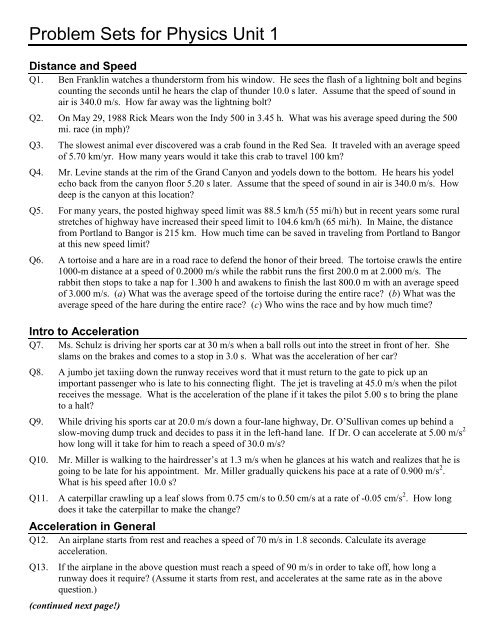 Problem Sets for Physics Unit 1
