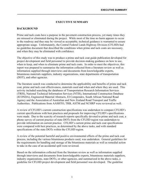 Executive Summary - Central Federal Lands Highway Division