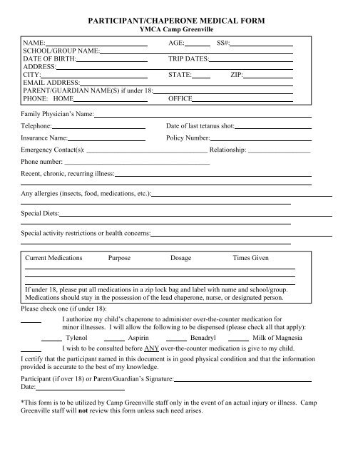 STUDENT/CHAPERONE MEDICAL FORM - YMCA Camp Greenville