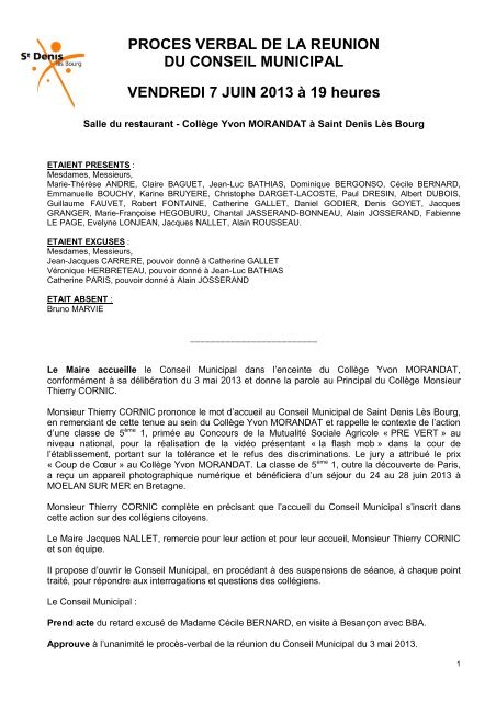 PROCES VERBAL DE LA REUNION DU CONSEIL MUNICIPAL ...