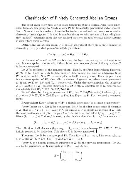 Classification of Finitely Generated Abelian Groups