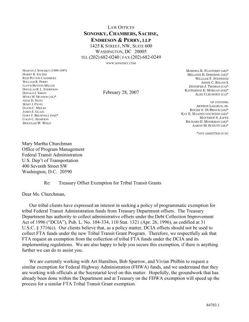 Letter Regarding Treasury Offset for Tribal Transit Grants