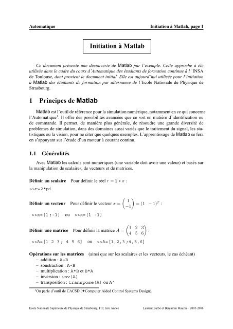 Initiation `a Matlab 1 Principes de Matlab - AVR
