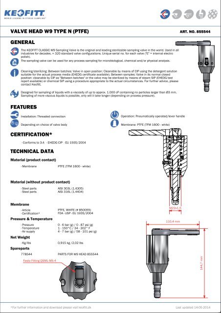 valve head w9 type n (ptfe) general features certification ... - Keofitt