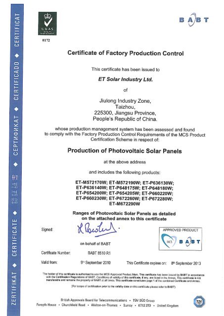 ET Solar MCS Certificate - SolarClarity