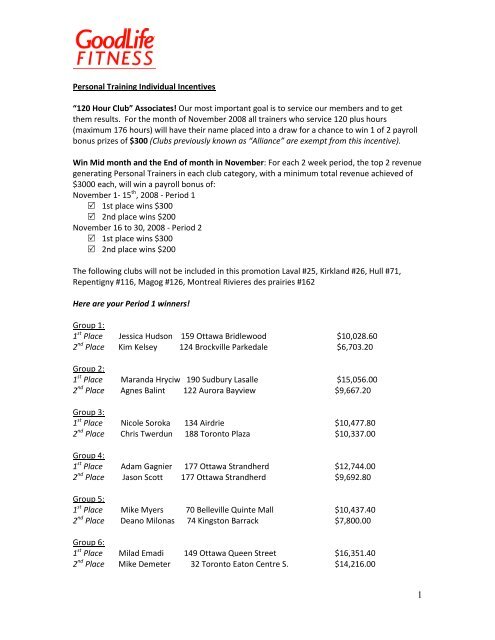 Personal Training Incentive Winners - GoodLife Fitness