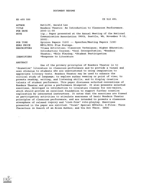 Readers Theatre: An Introduction to Classroom Performance.