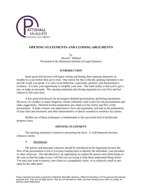 Opening Statements and Closing Arguments - Pattishall, McAuliffe ...