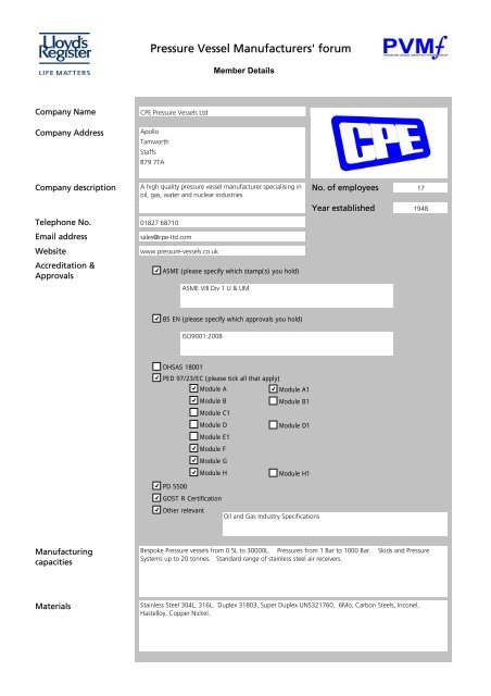 PVMF Member Details CPE Pressure Vessels Ltd
