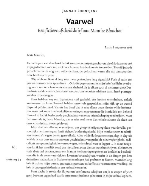 Vaarwel. Een fictieve afscheidsbrief aan Maurice Blanchot - Krisis