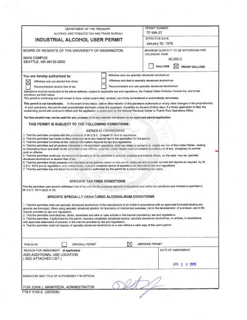 Federally issued Industrial Alcohol User Permit - University of ...