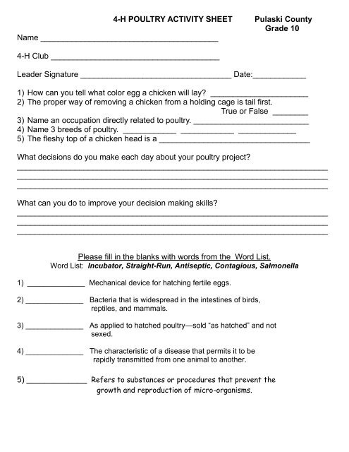 4-H POULTRY ACTIVITIY SHEETS Pulaski County Grade 10 Name ...