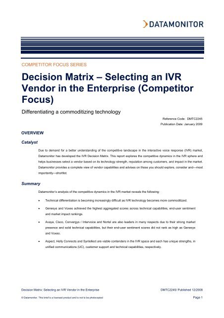 Decision Matrix: Selecting an IVR Vendor in the Enterprise ... - Voxeo