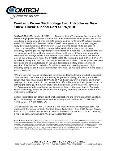 Comtech Xicom Technology Inc. Introduces New 100W Linear X ...