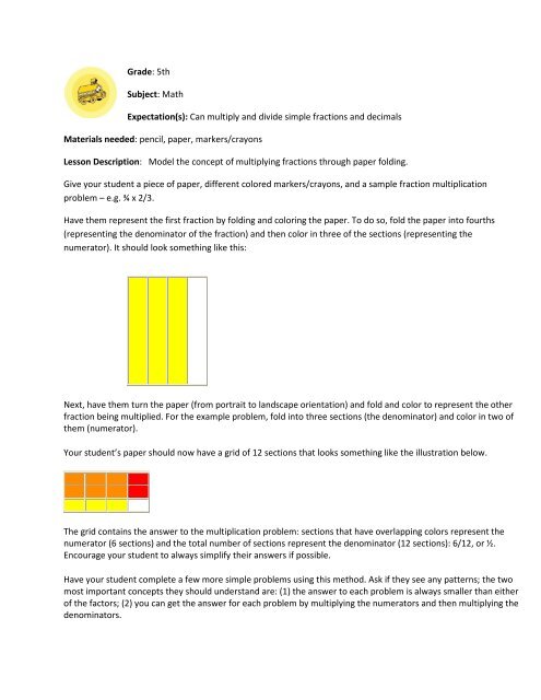 Grade: 5th Subject: Math Expectation(s): Can ... - School on Wheels