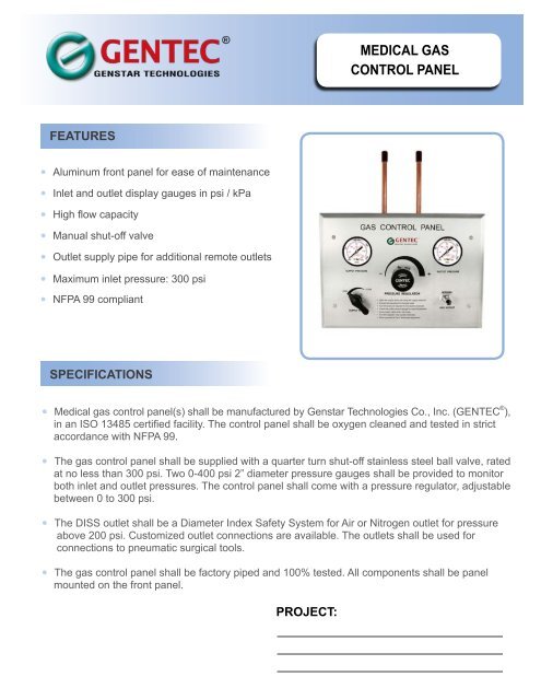 MEDICAL gAS CONTROL PANEL - Genstar Technologies