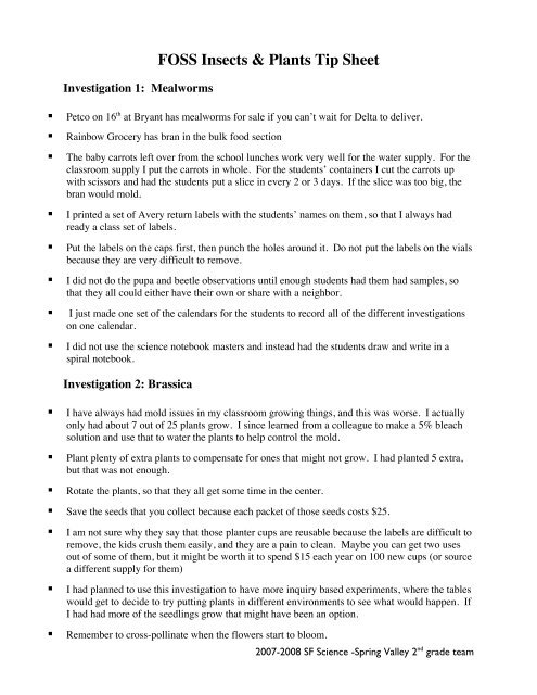 FOSS Insects & Plants Tip Sheet