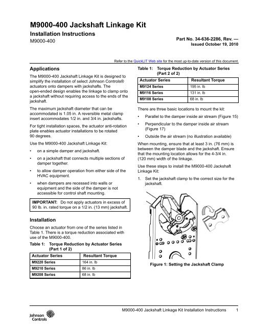 M9000-400 Jackshaft Linkage Kit Installation ... - Johnson Controls