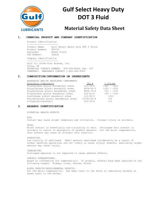 Material Safety Data Sheet Gulf Select Heavy Duty DOT 3 Fluid