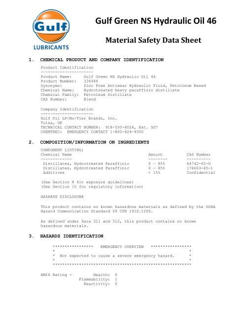 Material Safety Data Sheet Gulf Green NS Hydraulic Oil 46