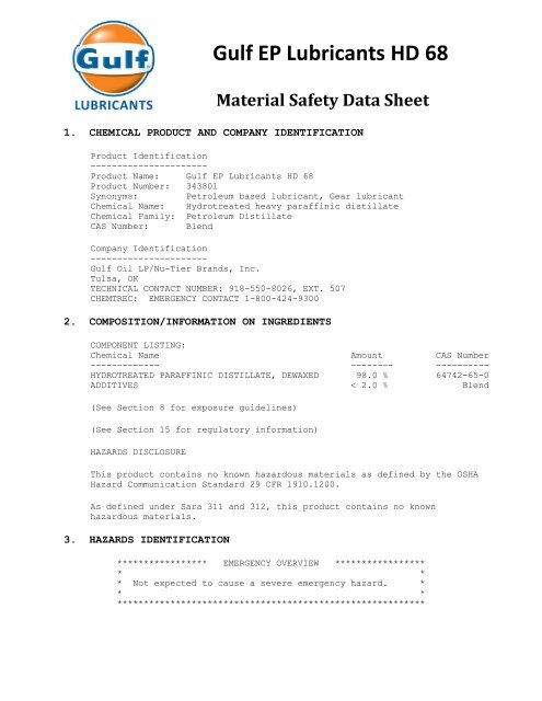 Material Safety Data Sheet Gulf EP Lubricants HD 68 - Gulf Lubricants