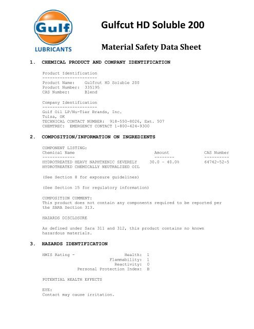 Material Safety Data Sheet Gulfcut HD Soluble 200