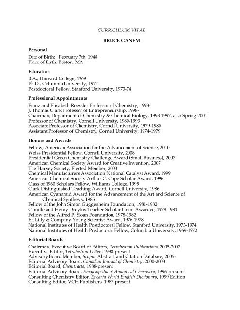 CURRICULUM VITAE BRUCE GANEM ... - Cornell University